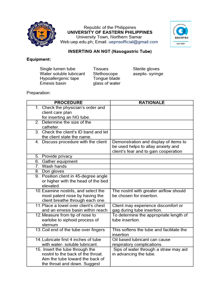 Insertion and Removal of NGT With Checklist | PDF | Clinical Medicine