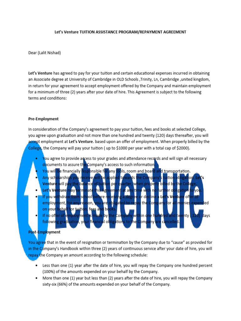 Tuition Assistance - School To Work Agreement | PDF | Employment ...