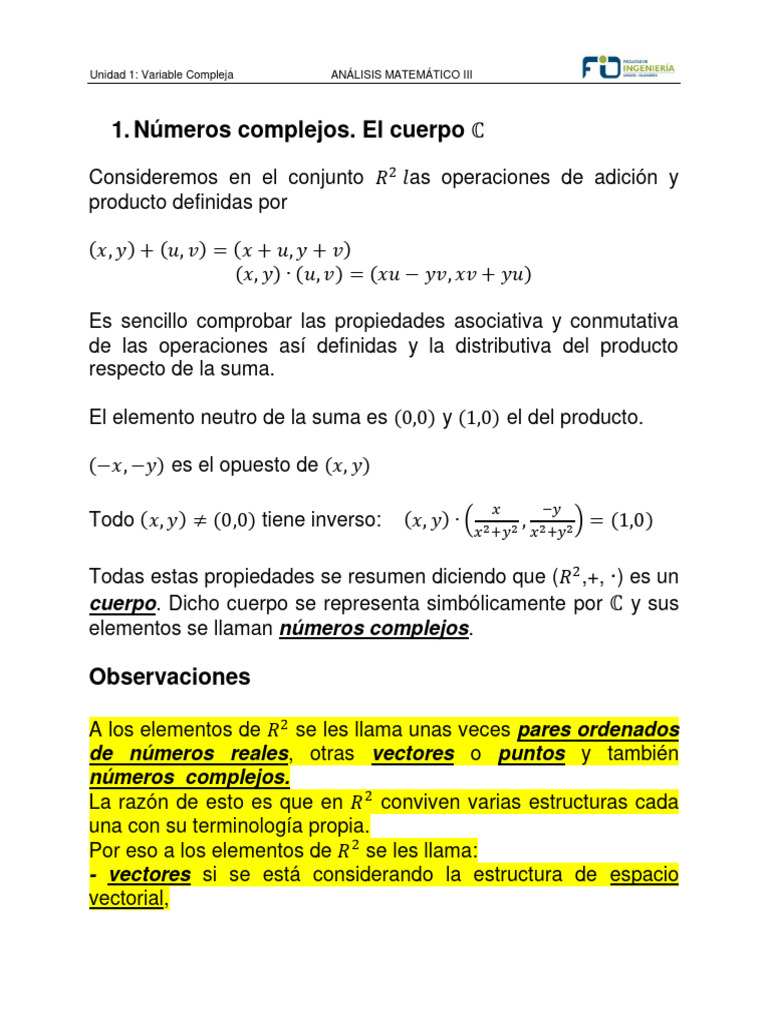 Variable Compleja - Clases 1 y 2 | PDF | Número complejo | Ecuaciones