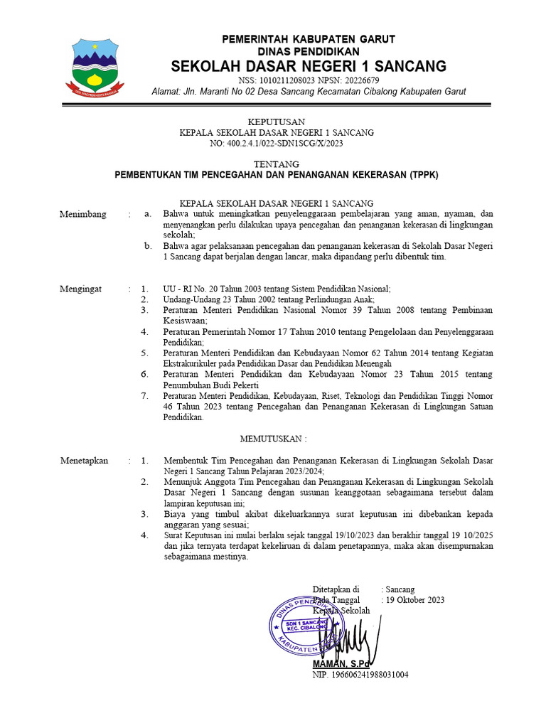 SK Tim Pencegahan Dan Penanganan Kekerasan Di Lingkungan Satuan Pendidikan SDN I SANCANG | PDF