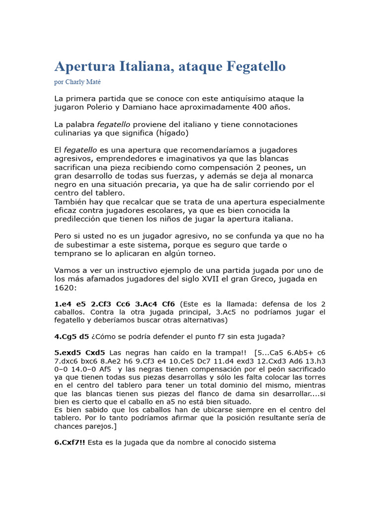 Fegatello | PDF | Aperturas de ajedrez | Juegos tradicionales