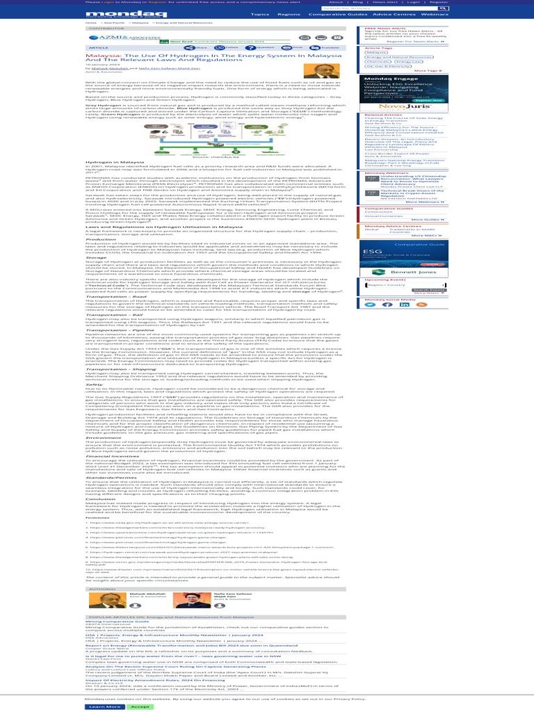 The Use of Hydrogen in The Energy System in Malaysia and The Relevant Laws and Regulations ...