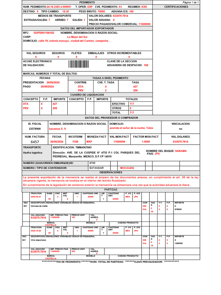 Ejemplo de Pedimento de Exportación A1 | PDF | Negocios Internacionales ...