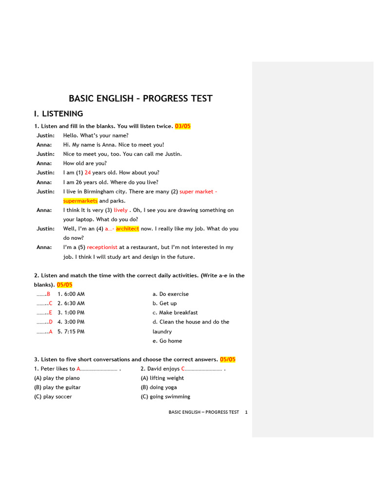Progress Test Basic English | PDF | Sports & Recreation | Language Arts ...