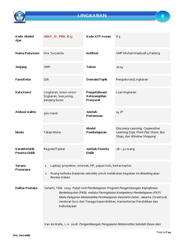 3 Modul Ajar MTK Kelas 8 (Lingkaran) | PDF | Karier & Perkembangan | Seni