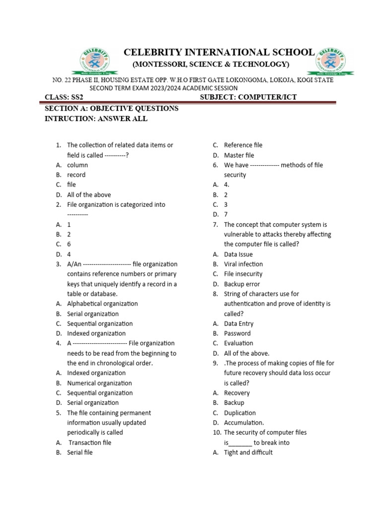 Ss2 Ict Second Term Exam 24 | PDF | Computer File | Keyboard Shortcut
