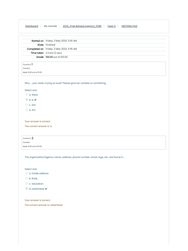 English Language Midterm Quiz Results | PDF