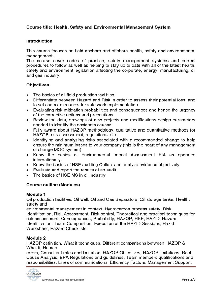 Course Profile - HSE Management System Outline Proposal | PDF | Risk ...