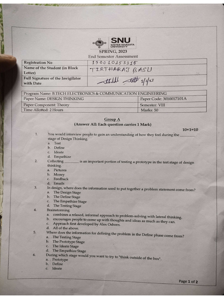 Design Thinking and Fibre Optic Communication Question Paper | PDF