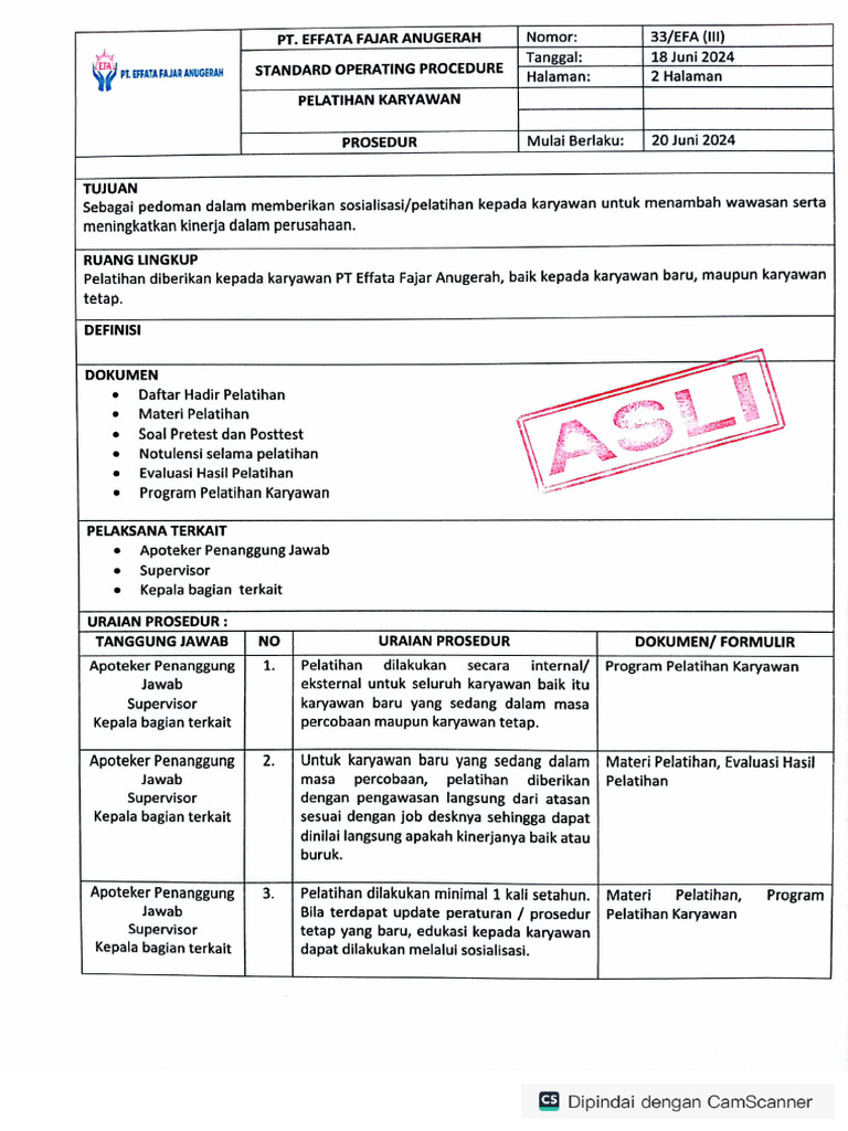 SOP Pelatihan Karyawan | PDF