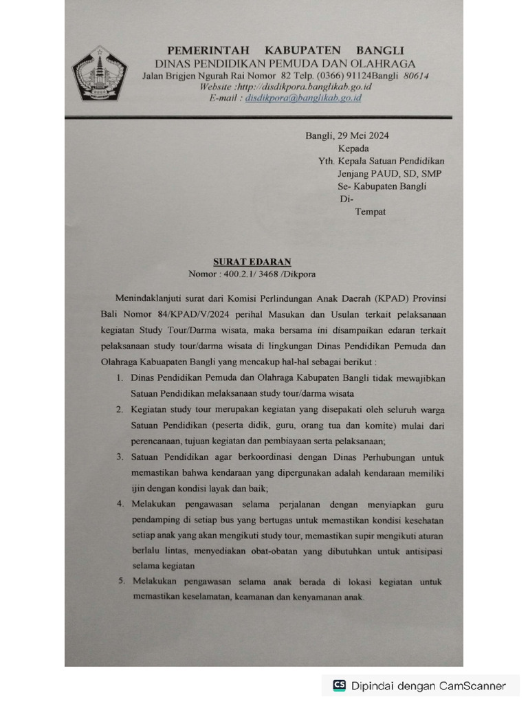 Surat Edaran Study Tour | PDF