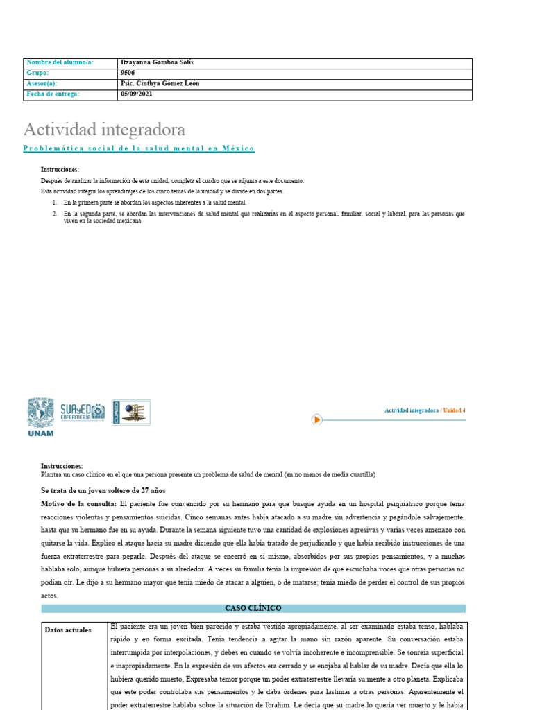 Act - Integ - U4 SALUD MENTAL | PDF | Esquizofrenia | Trastorno mental
