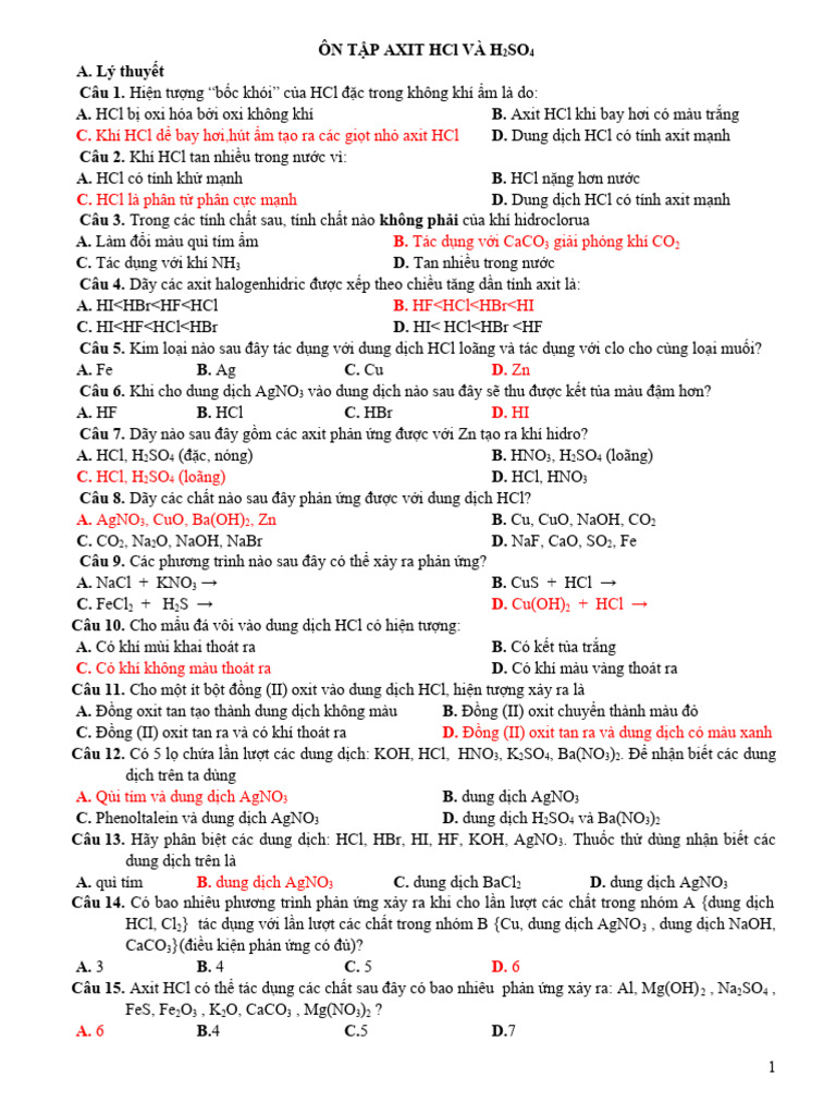 ÔN TẬP AXIT HCl VÀ H2SO4 ÔN TẬP HÈ | PDF