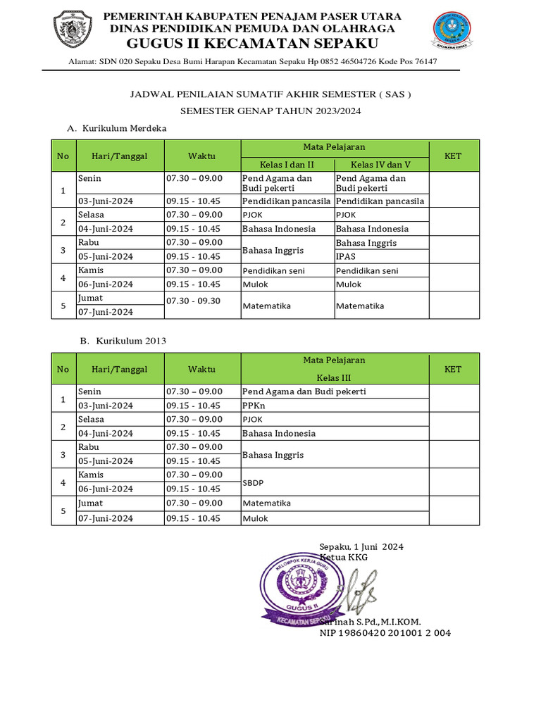 Jadwal Sas Genap 2024 | PDF