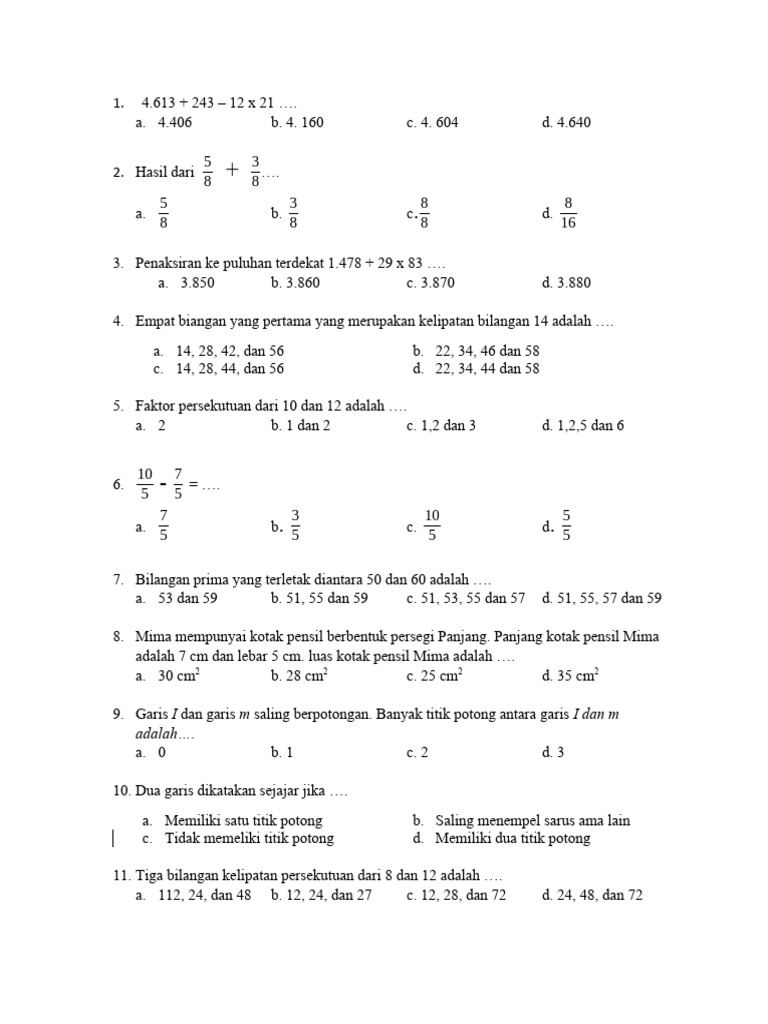 Soal MTK Kls 4 | PDF