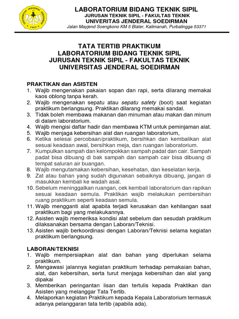 Tata Tertib - Peraturan PRAKTIKUM Lab. Teknik Sipil Unsoed - V1 | PDF