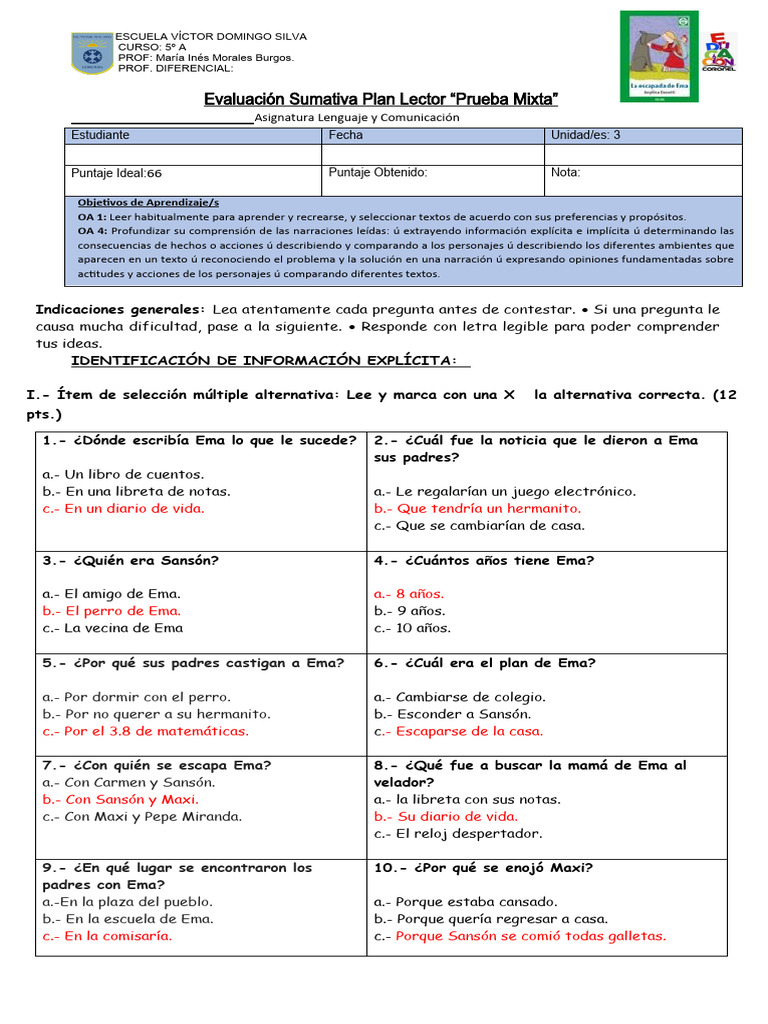 Prueba La Escapada de Ema5° A Respuestas | PDF