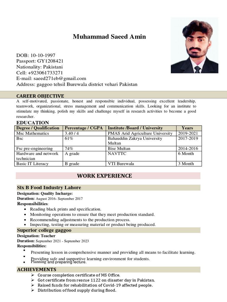 M Saeed Amin - CV | PDF | Pakistan | Learning