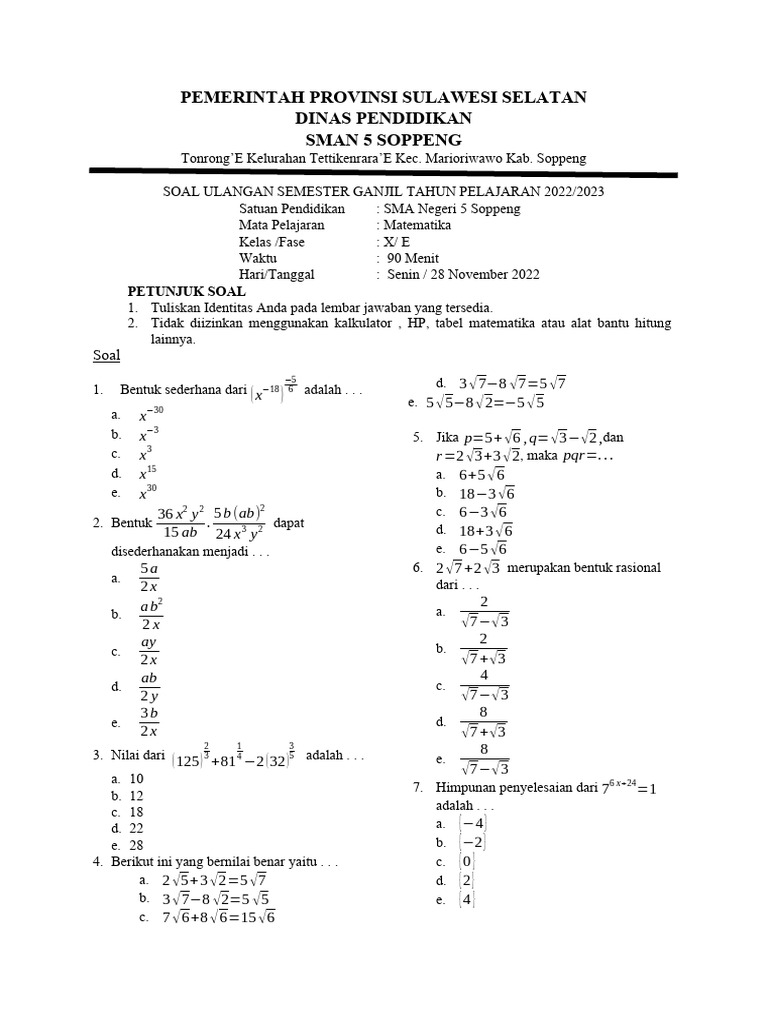 Soal Matematika Kelas X Ganjil 2022 | PDF