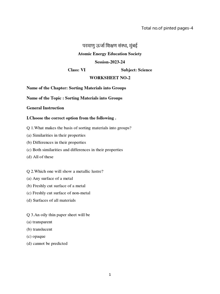 Class 6 Lesson 2 Science Worksheet AECS2 MUMBAI | PDF | Glasses | Water