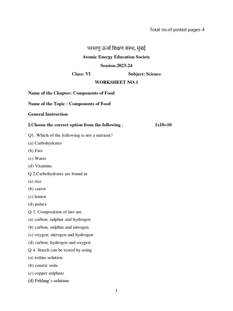 Class 6 Lesson 1 Science Worksheet AECS2 MUMBAI | PDF | Foods | Vitamin