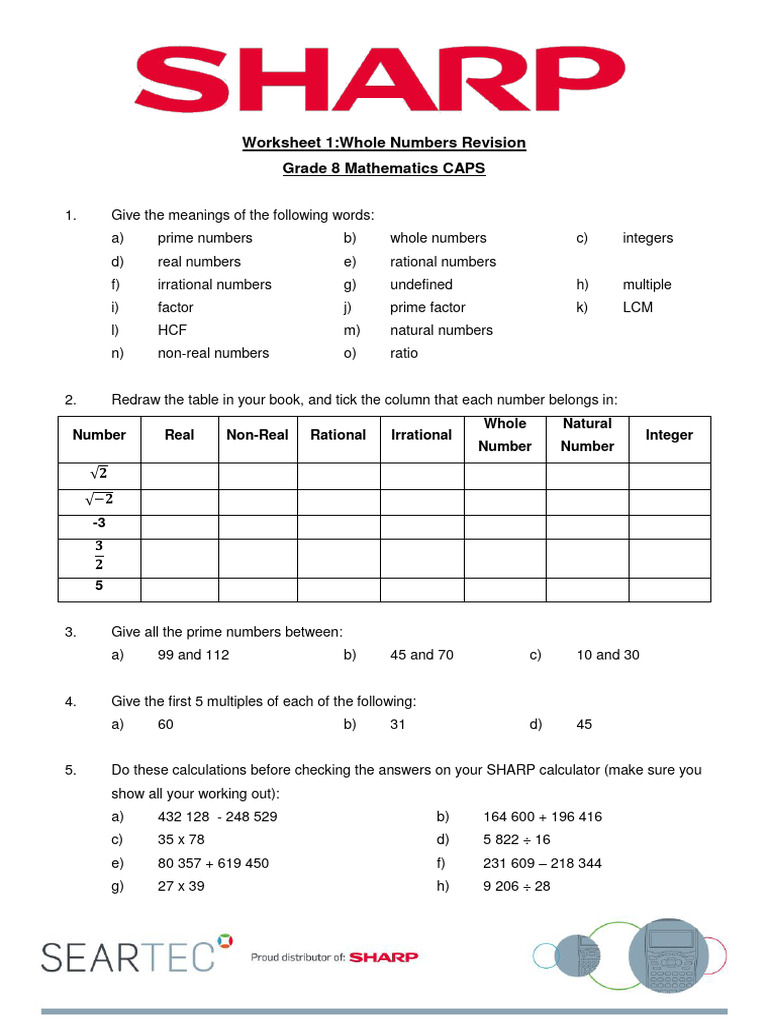 Worksheet 1 Whole Numbers Revision Grade 8 Mathematics | PDF | Integer | Rational Number