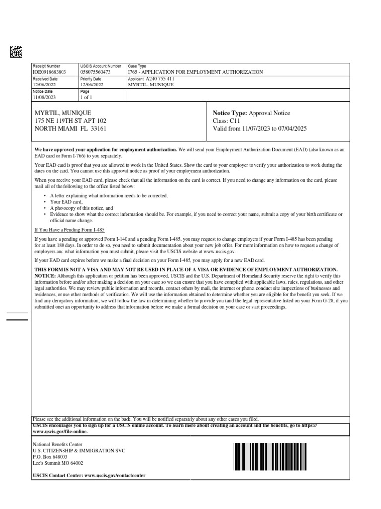 I-765 C11 Standalone Approval | PDF | United States Citizenship And ...
