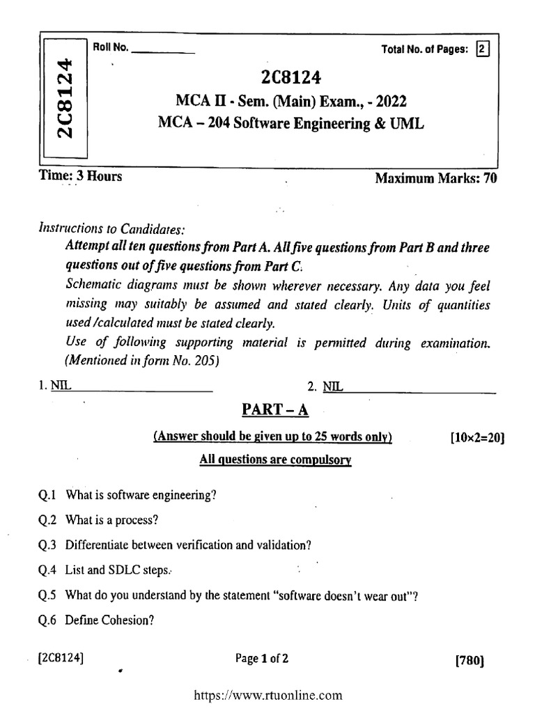Mca 2 Sem Software Engineering and Uml 2c8124 2022 | PDF