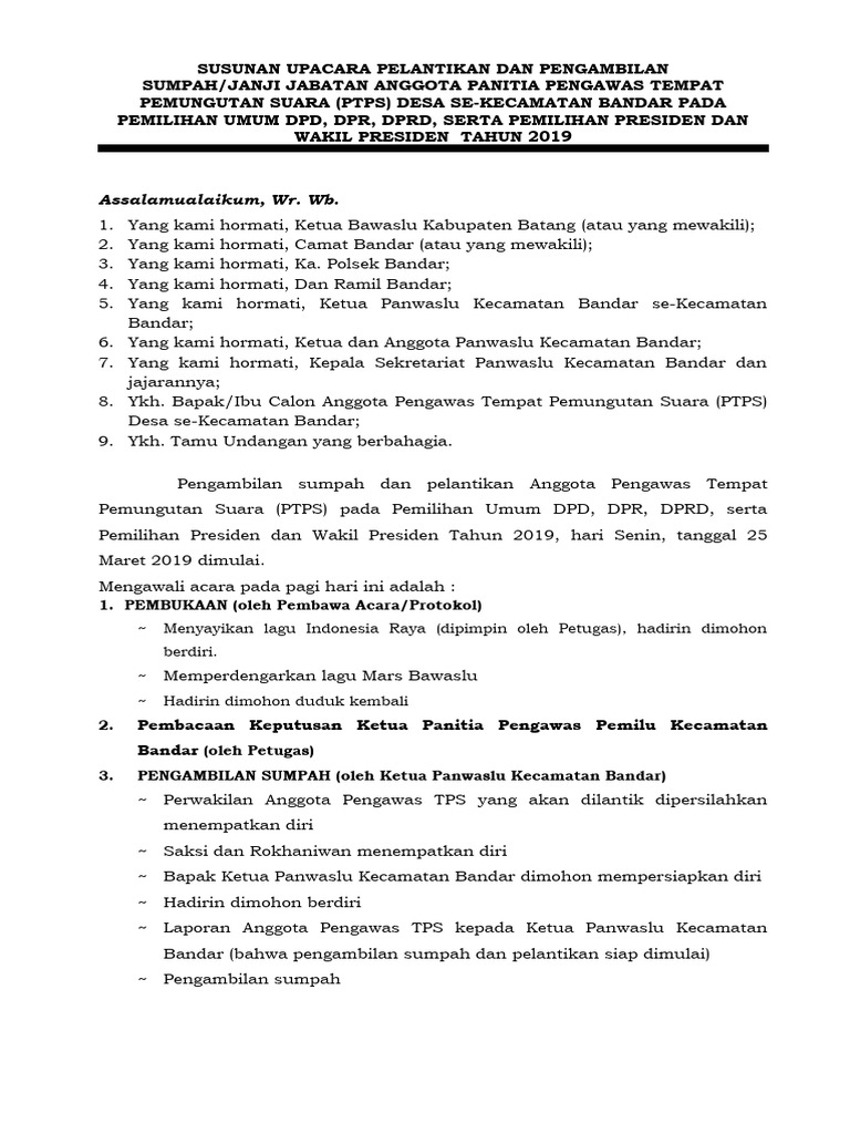 Pelantikan Anggota PTPS Kecamatan Bandar | PDF
