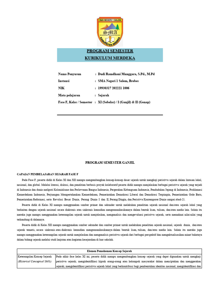PROSEM Sejarah Kelas XI Fase F - Dudi RM | PDF