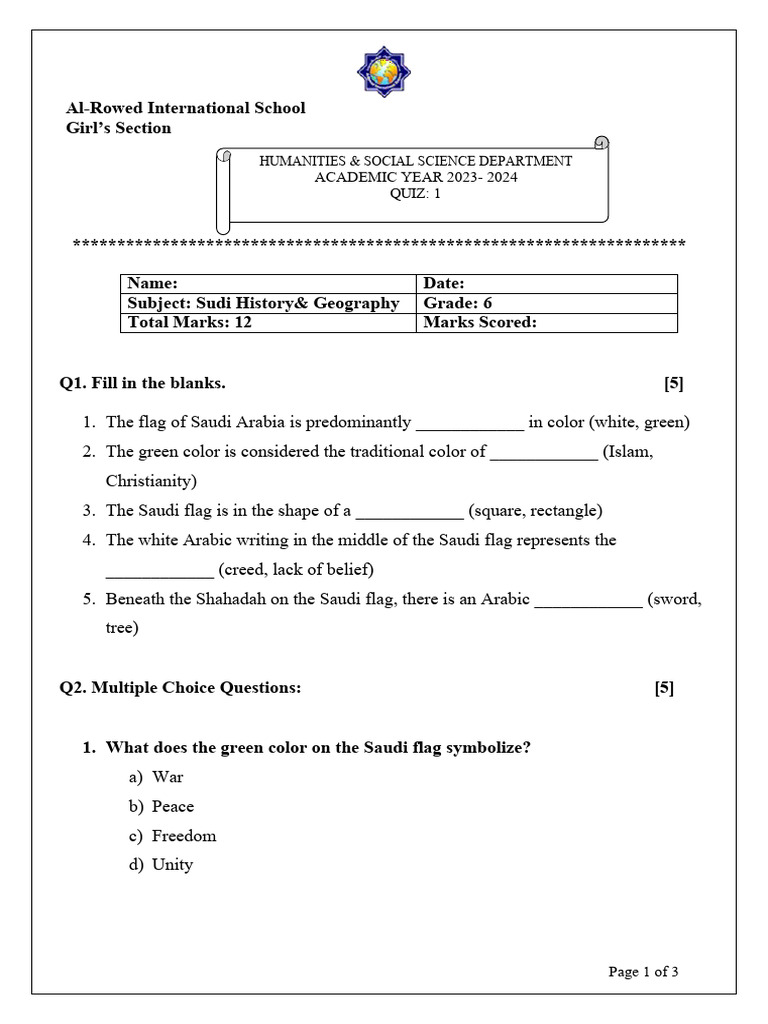 grade 6 quiz | Download Free PDF | Saudi Arabia