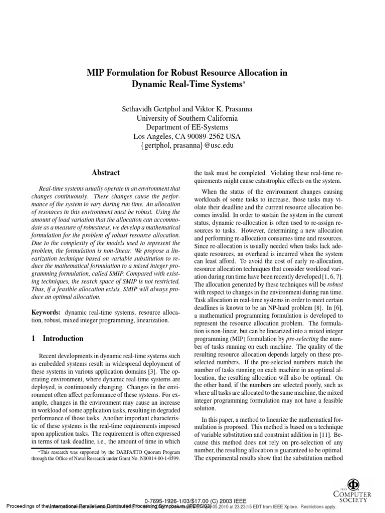 MIP Formulation For Robust Resource Allocation in Dynamic Real-Time Systems | PDF | Linear ...