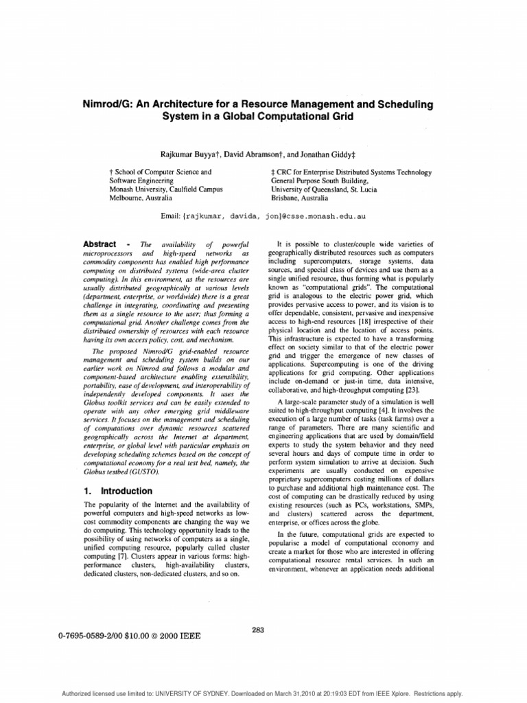 NimrodG An Architecture For A Resource Management and Scheduling System in A Global ...