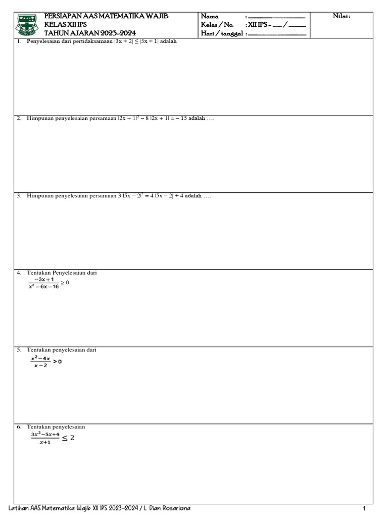 Latsol Aas Mat Wajib Xii Ips 2023-2024 | PDF