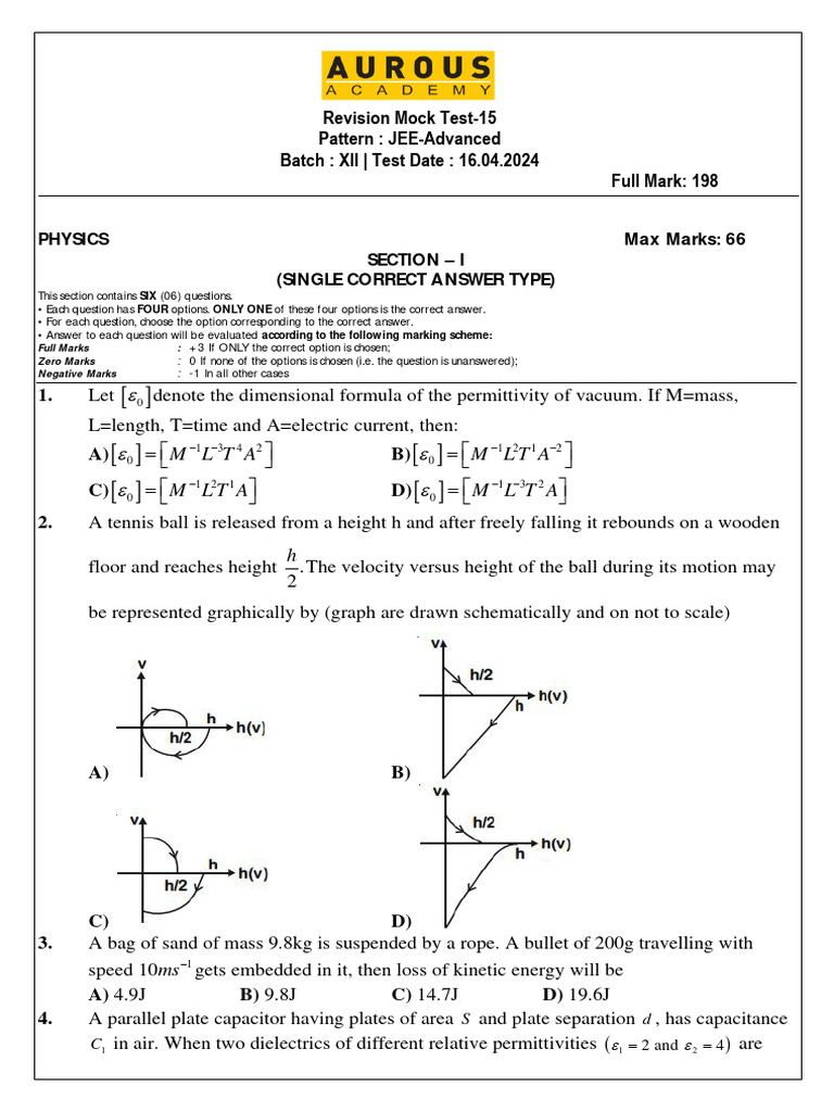 JEE Advanced Physics Mock Test 2024 | PDF | Mass | Velocity