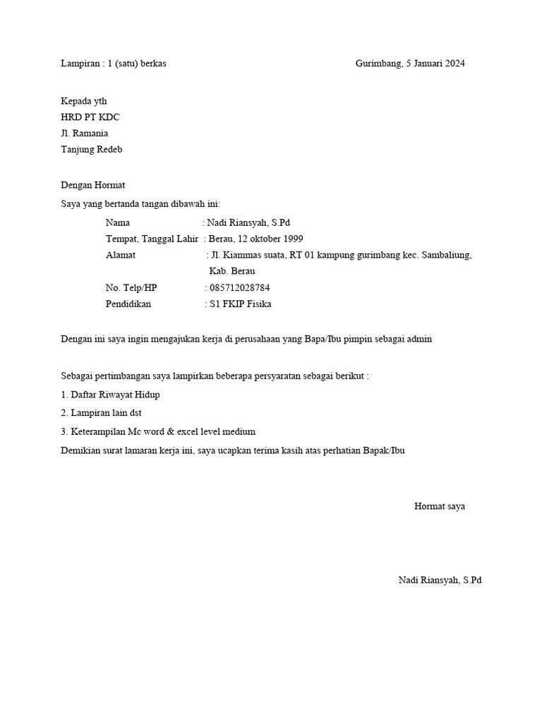 Surat Lamaran Kerja Admin | PDF