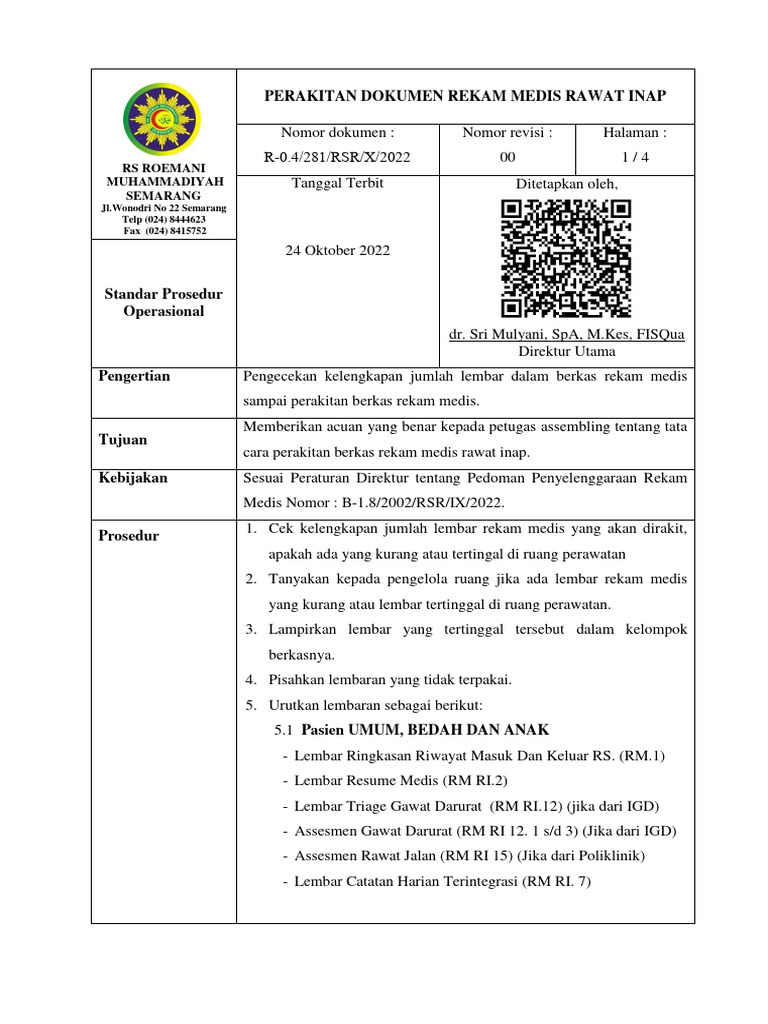 SPO PERAKITAN DOKUMEN REKAM MEDIS RAWAT INAP Simase 1666767765-1 | PDF