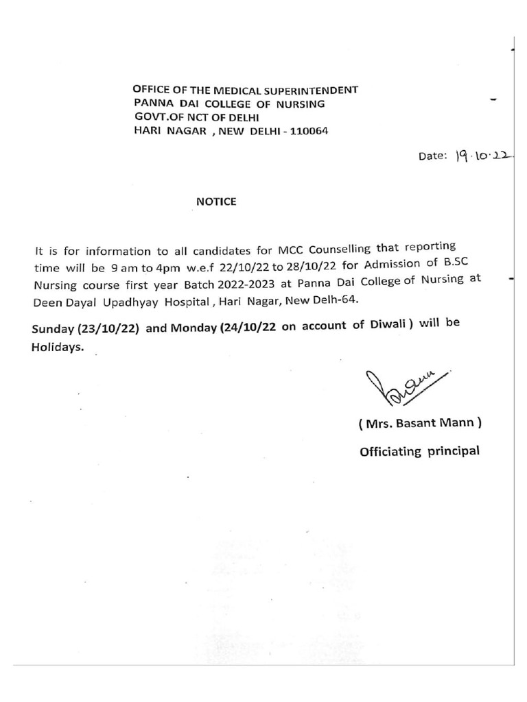 MCC Counseling Notice Bsc Nursing Course 1st Year 2022 2023 PDF