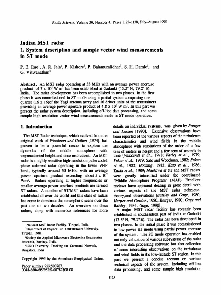 Radio Science July August 1995 Rao Indian Mst Radar 1 System Description And Sample Vector