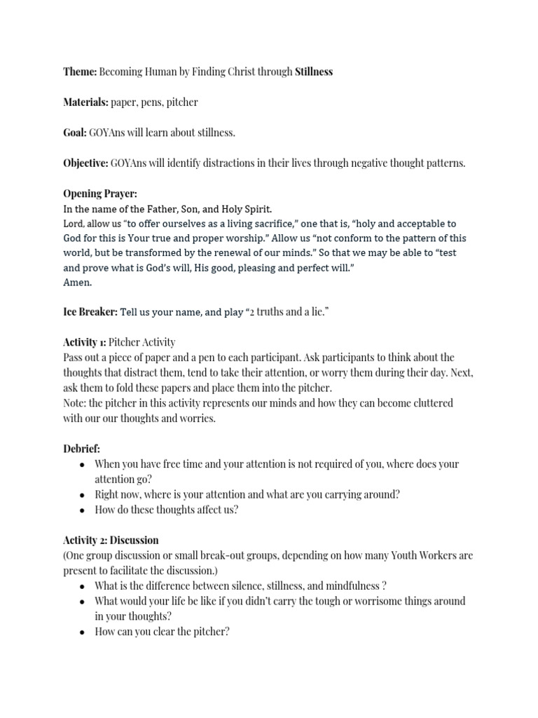 GOYA Ministry Plan 2019-20 Stillness (September 2019) | PDF | Mary ...