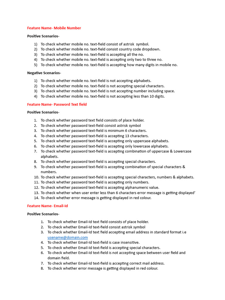 Positive Scenarios-: Feature Name-Mobile Number | PDF | Password ...