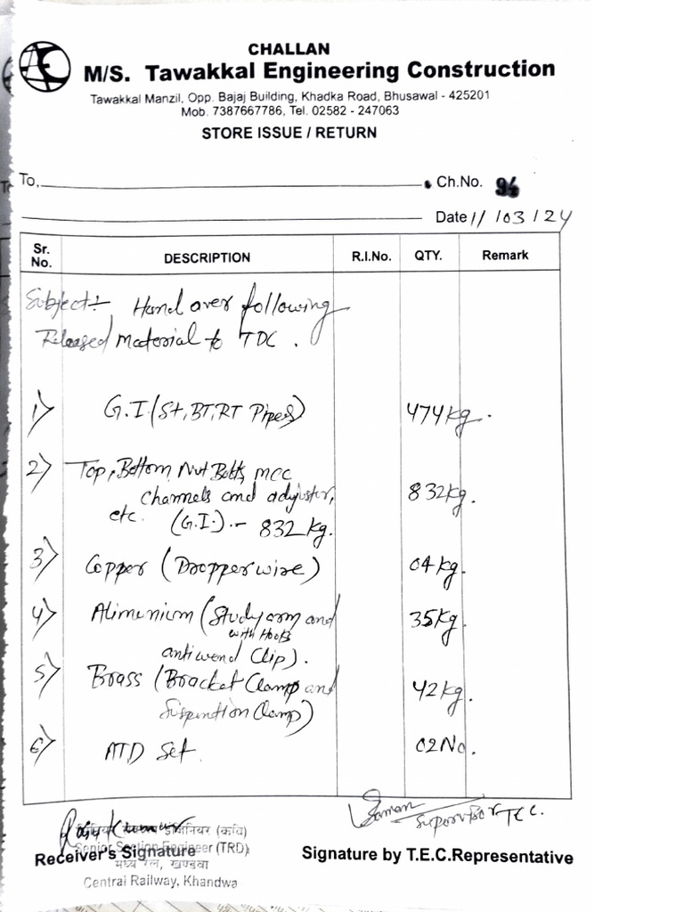 Material Hand Over & Issue Challan | PDF
