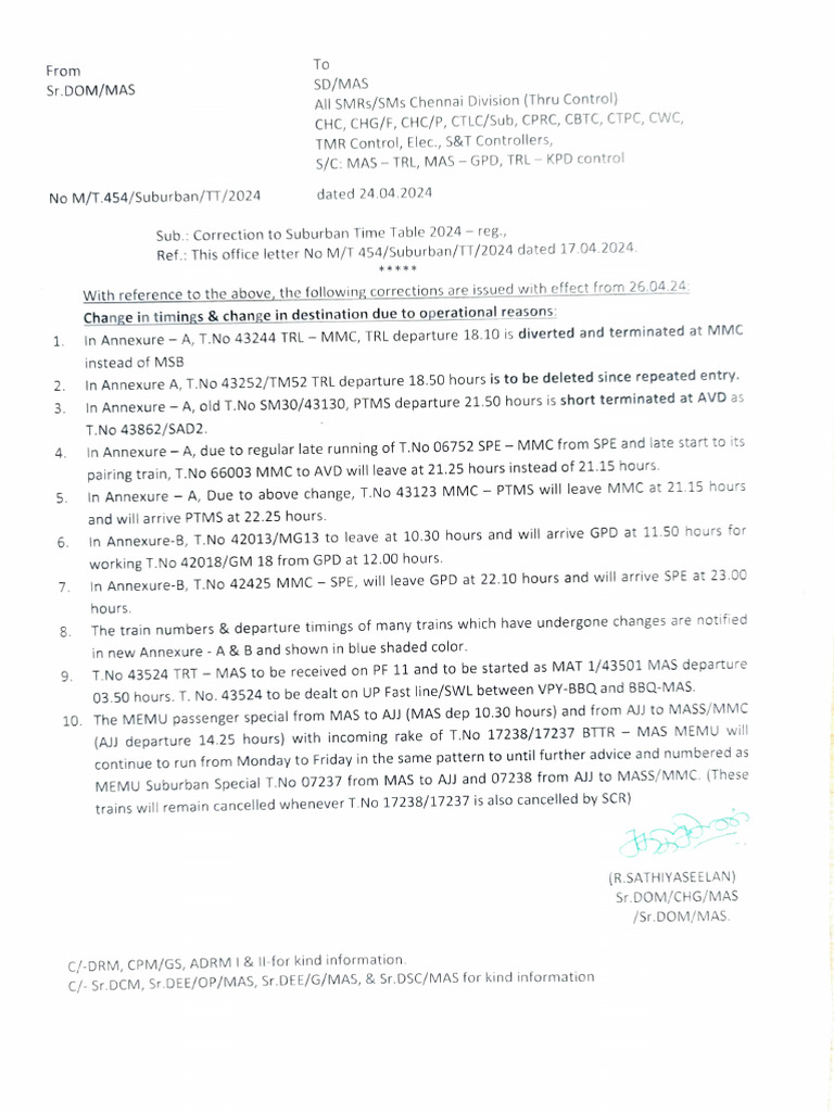 EMU Services W.E.F 26-04-2024 | PDF | Passenger Rail Transport | Transport