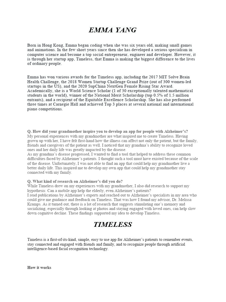 Emma Yang - Timeless | PDF | Alzheimer's Disease | Neuroscience