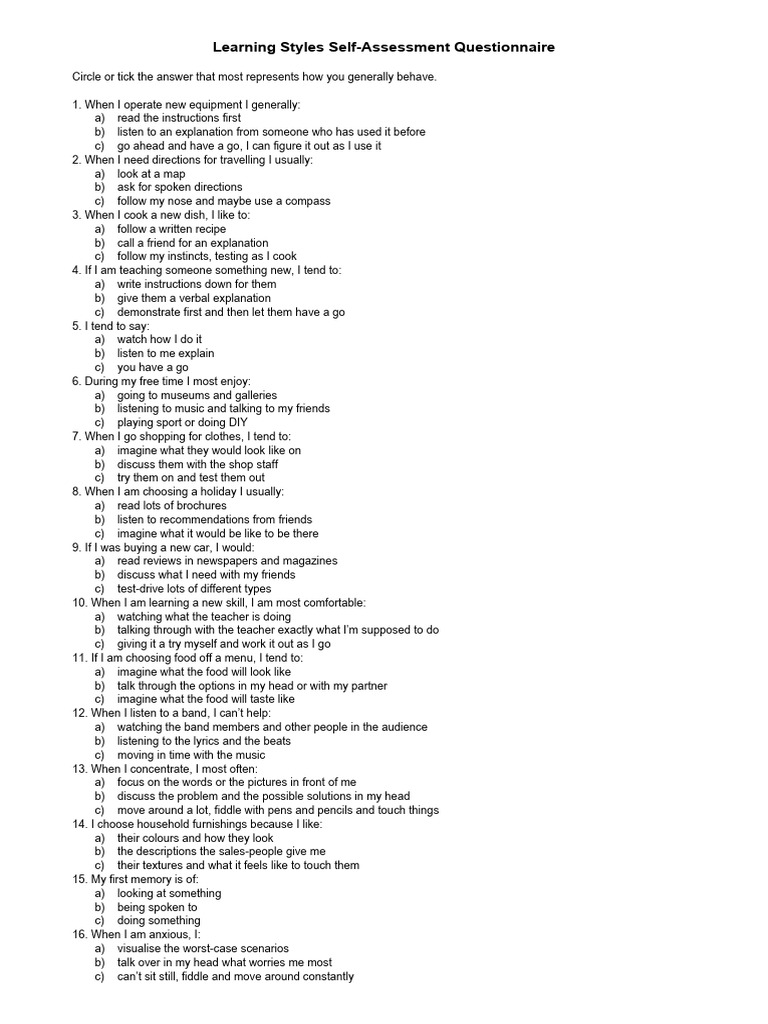 Learning Styles Self-Assessment Questionnaire | PDF | Learning Styles ...