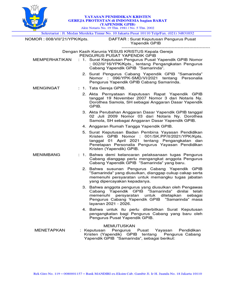 Pengurus Baru Yapendik GPIB Samarinda 2021-2026 | PDF