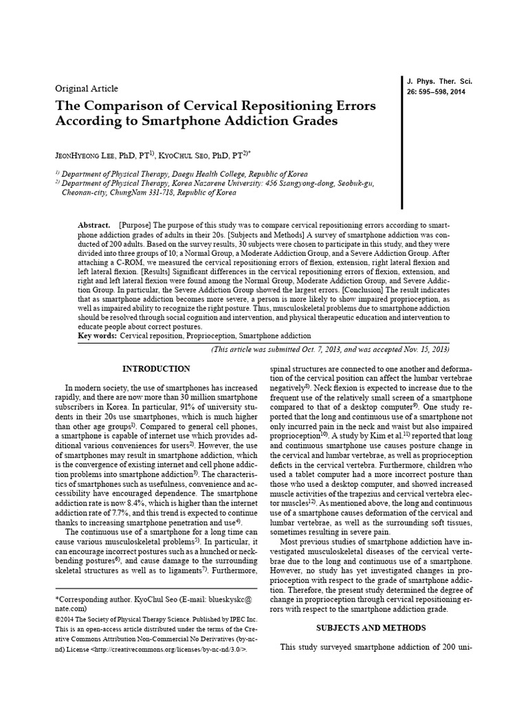 The Comparison Of Cervical Repositioning Errors According To Smartphone Addiction Grades Pdf