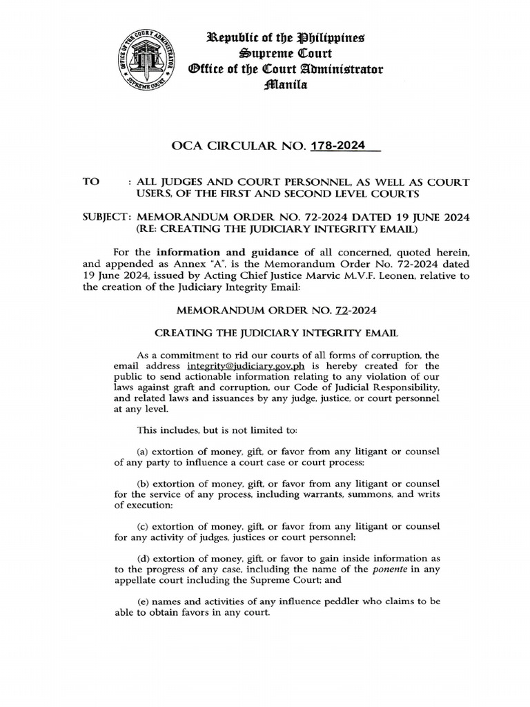 OCA Circular No. 178-2024 | PDF | United States Federal Judge | Supreme ...