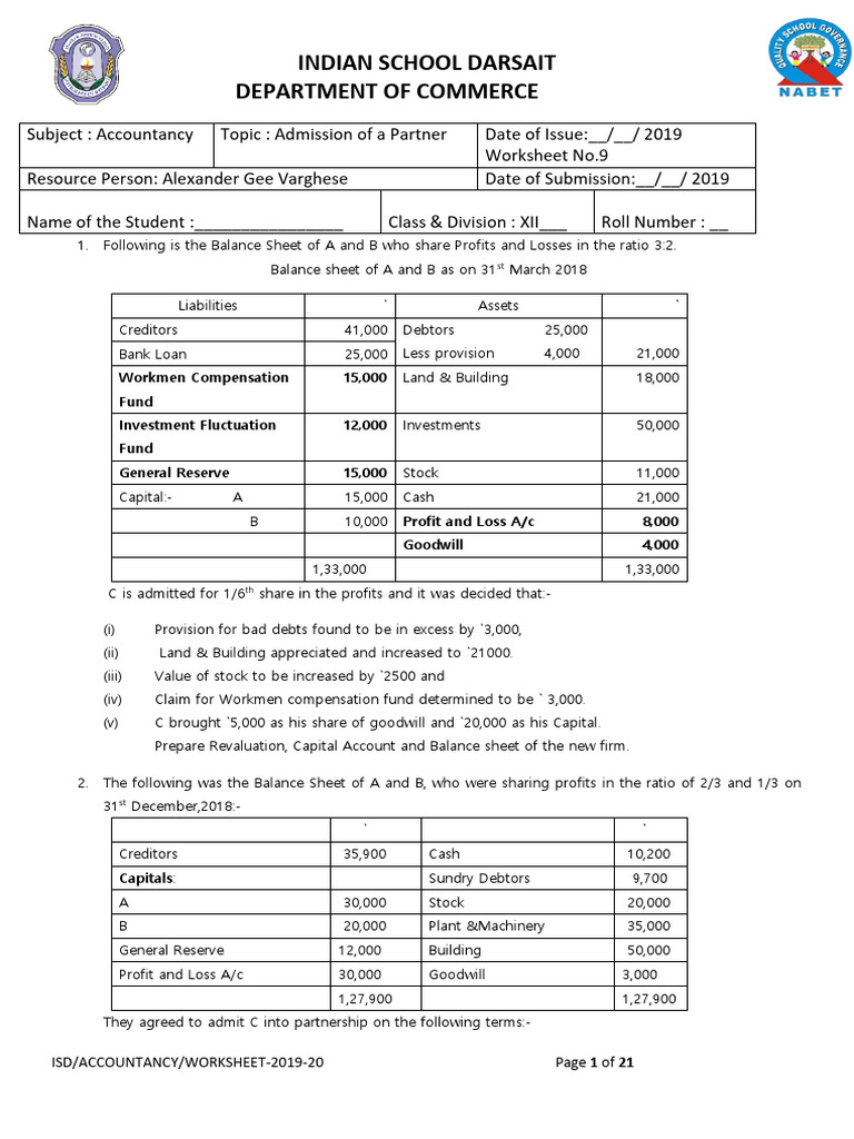 Admission of A Partner | PDF | Balance Sheet | Goodwill (Accounting)
