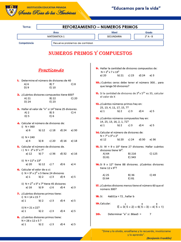NUMEROS PRIMOS Y COMPUESTOS - ARIT 2° | PDF | Número primo